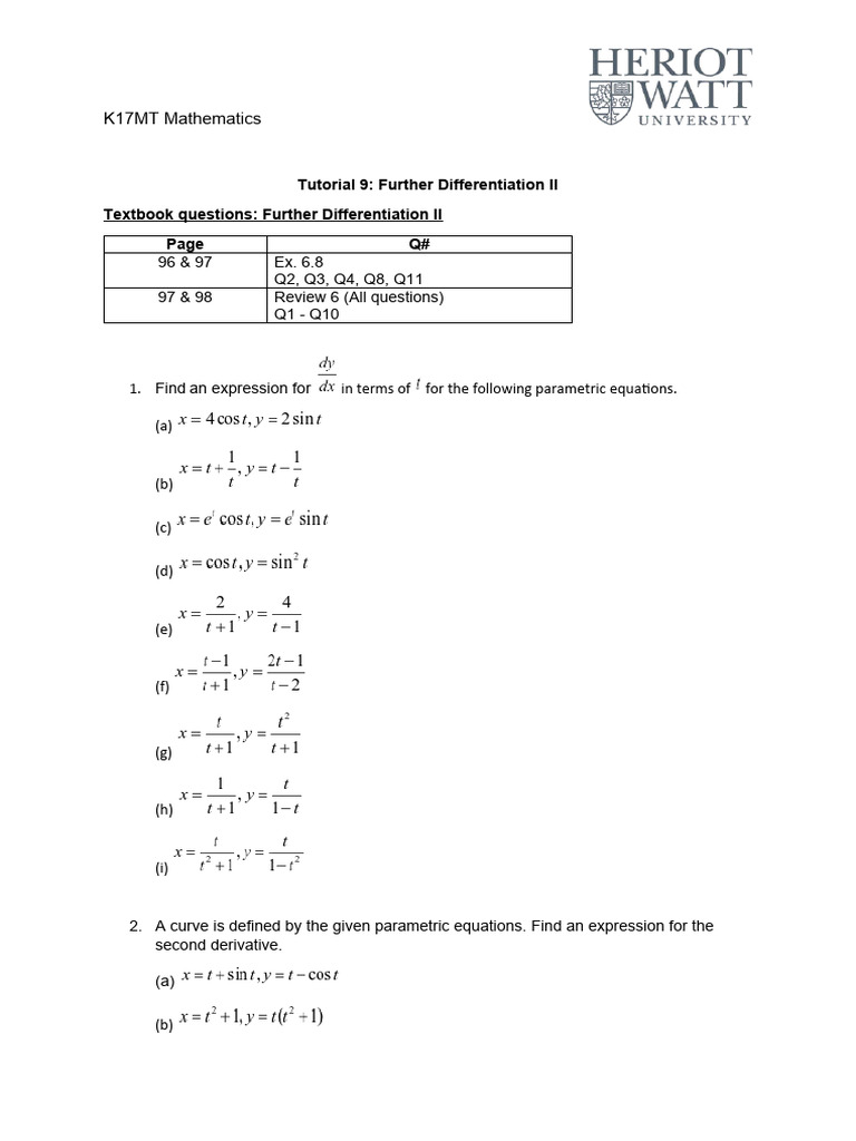K17MT Further Differentiation II Tutorial | PDF | Equations | Curve