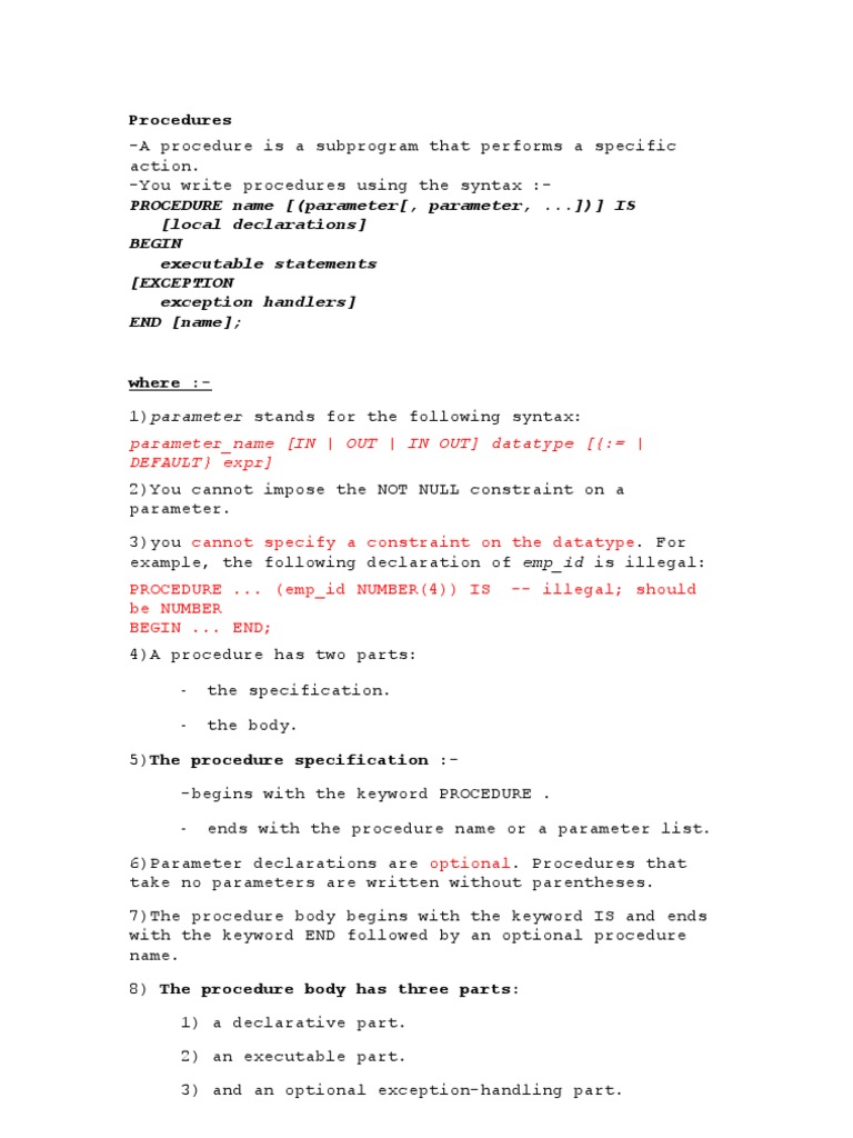 PROCEDURE Name ( (Parameter (, Parameter, ... ) ) ) IS (Local Declarations) Begin Executable ...