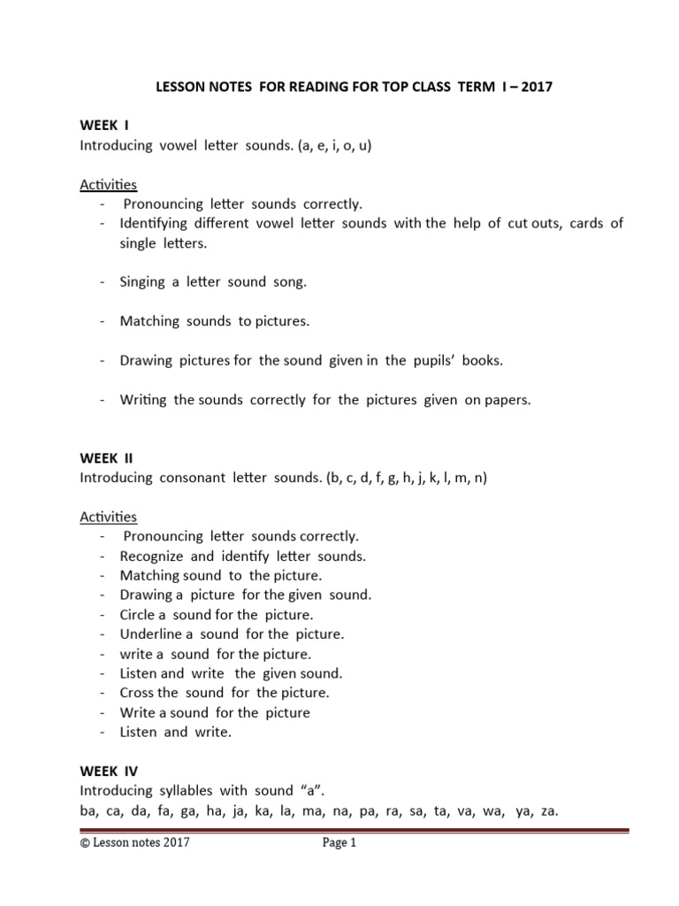 Lesson Notes For Reading For Top Class Term I | PDF | Writing | Languages