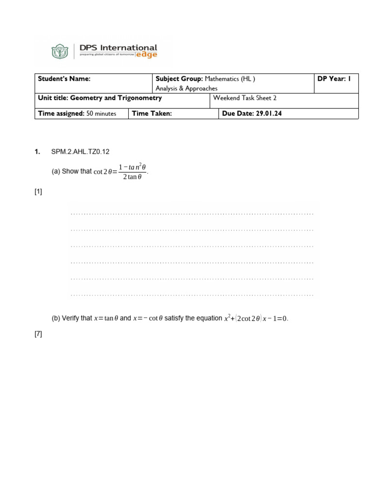 DP1 AA HL Tasksheet 2 Term 2 1 | PDF | Trigonometric Functions | Pi