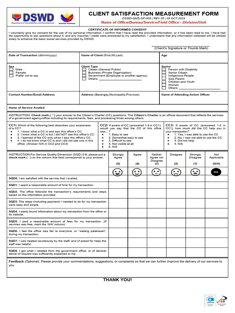 DSWD-QMS-GF-005 - REV 05 - CSM Questionnaire English Version | PDF