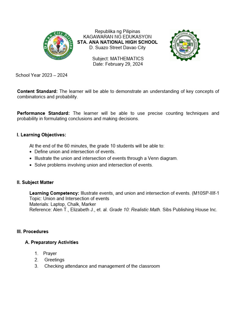 Union and Intersection of Sets | PDF | Mathematics | Learning