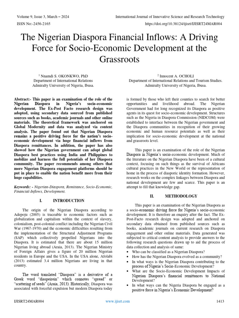 The Nigerian Diaspora Financial Inflows: A Driving Force For Socio-Economic Development at The ...