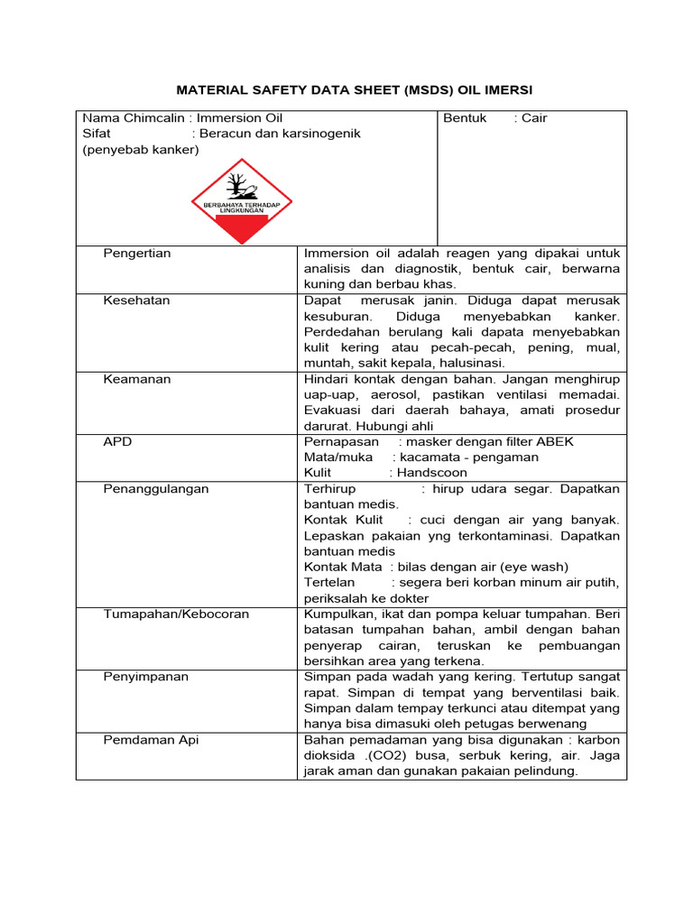 MSDS Immersion Oil: Bahaya dan Keamanan | PDF | Griya & Taman ...