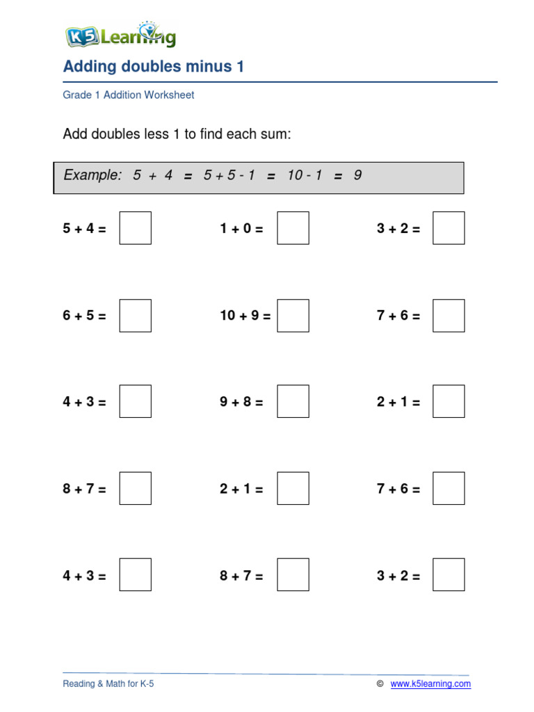Grade 1 Adding Doubles Minus1 A2 | PDF