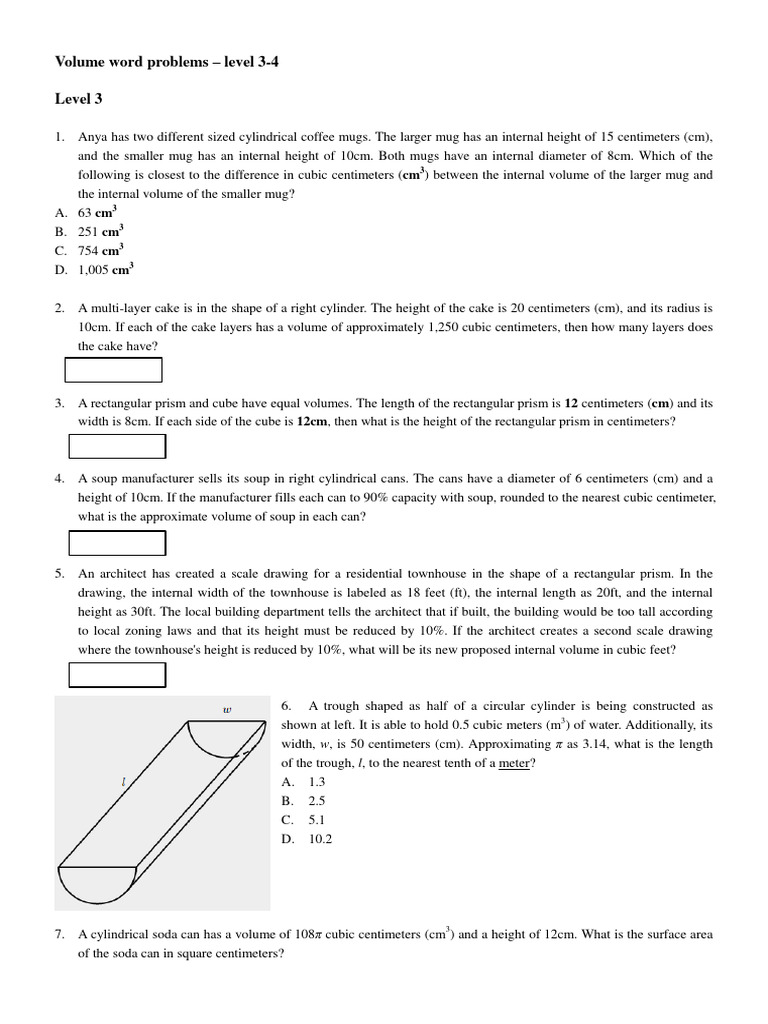 Volume Word Problems - Level 3-4 | PDF | Area | Sphere