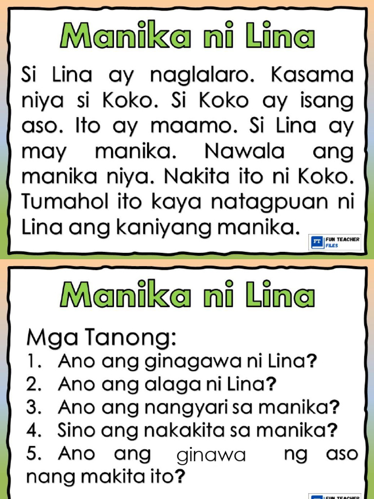 Filipino Reading Materials With Comprehension Questions Set 2 1 | PDF