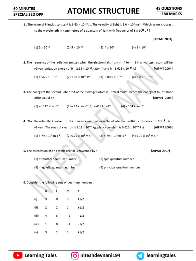 ATOMIC STRUCTURE 20 YEARS PYQ'S SHEET | PDF | Atomic Orbital | Electron