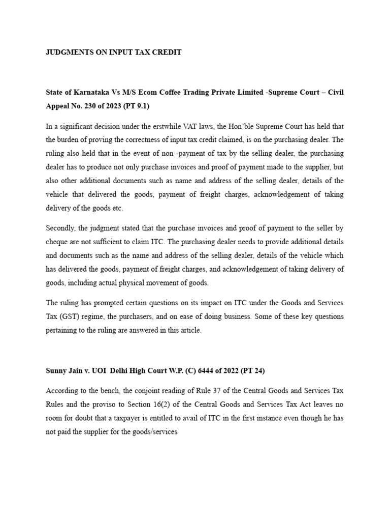 Judgments On Input Tax Credit | PDF | Taxes | Value Added Tax