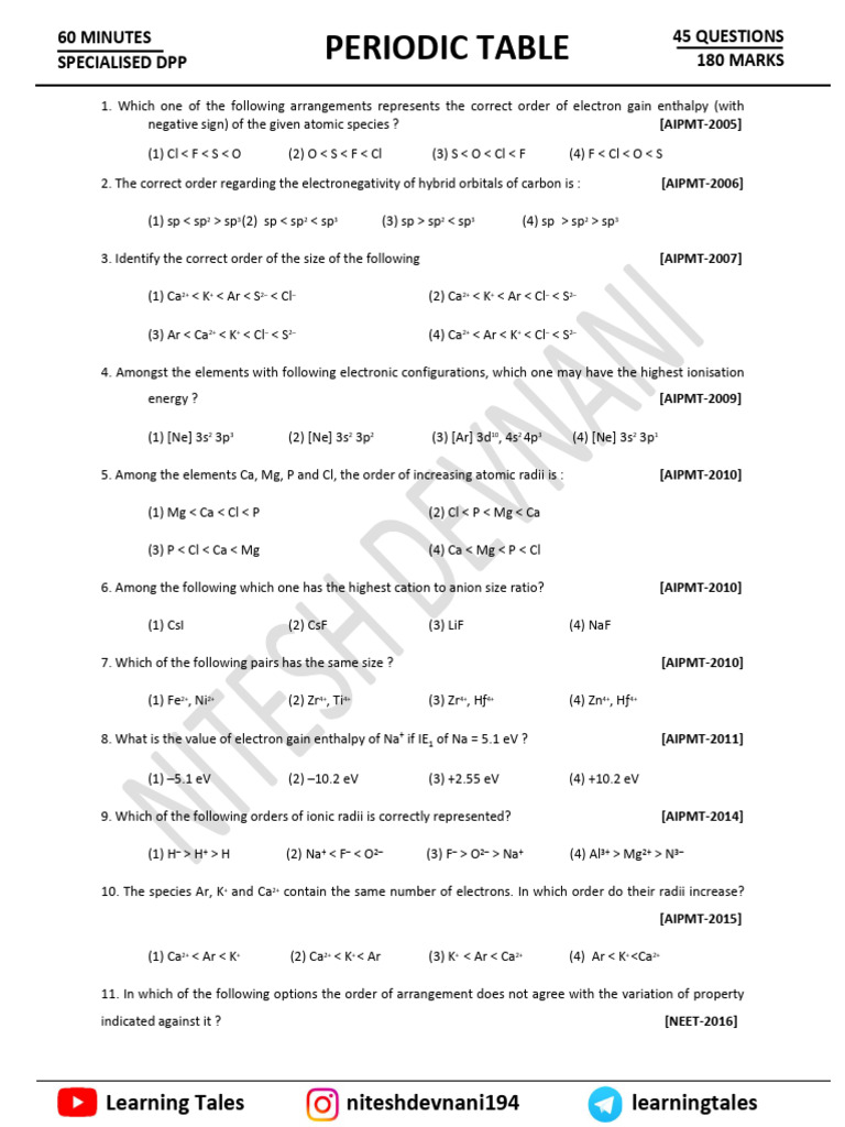 PERIODIC TABLE 20 YEARS PYQ'S WITH SOLUTIONS | PDF | Ion | Periodic Table
