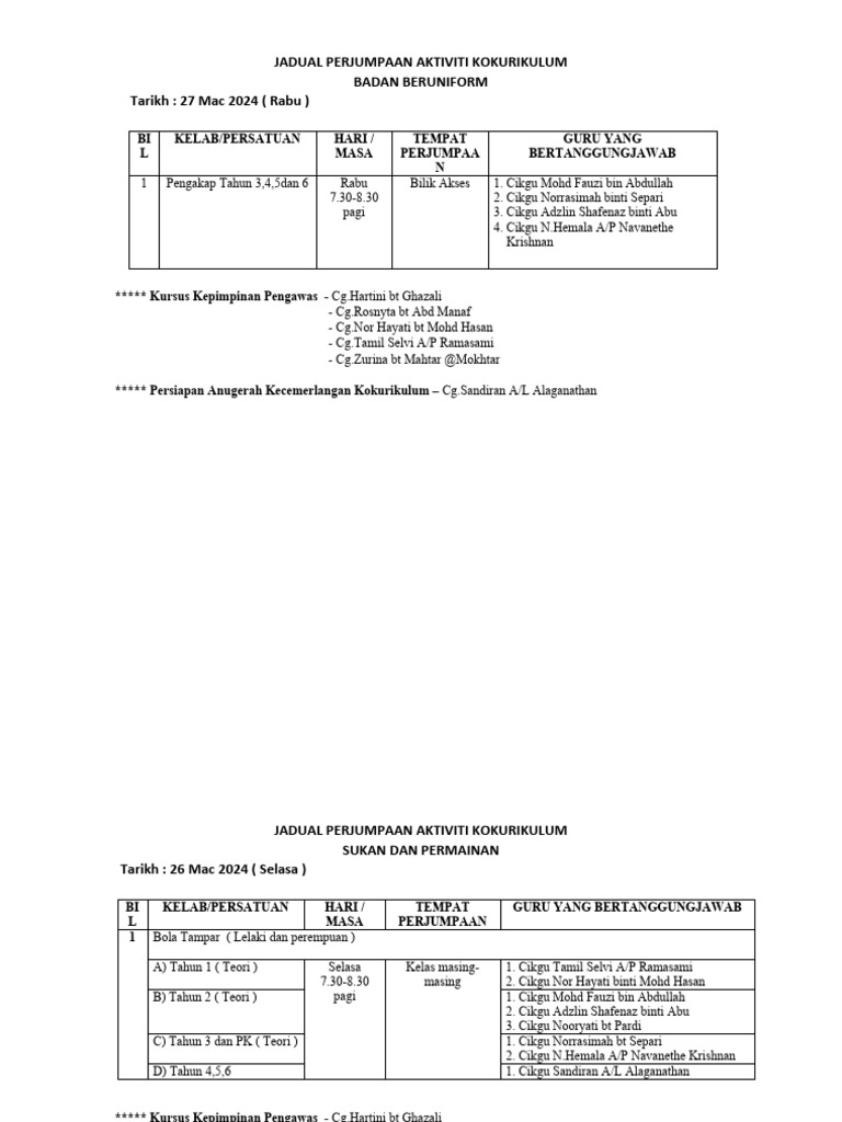 Jadual Perjumpaan Aktiviti Kokurikulum PKPP | PDF