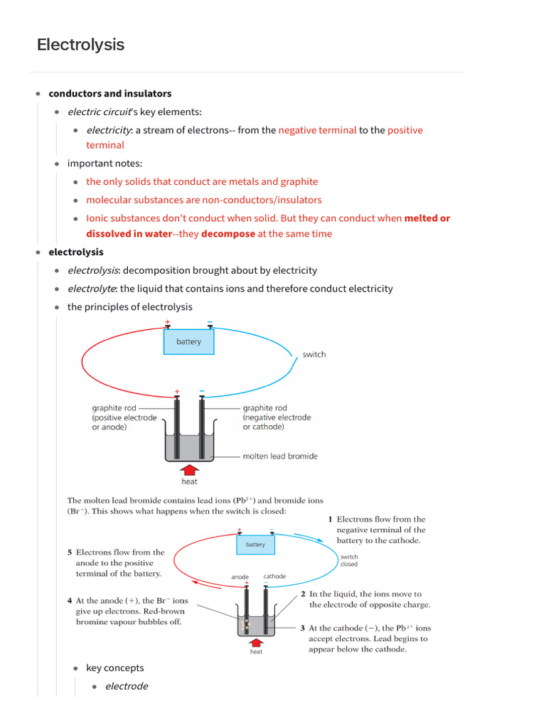 Electrolysis: Conductors & Key Concepts | PDF