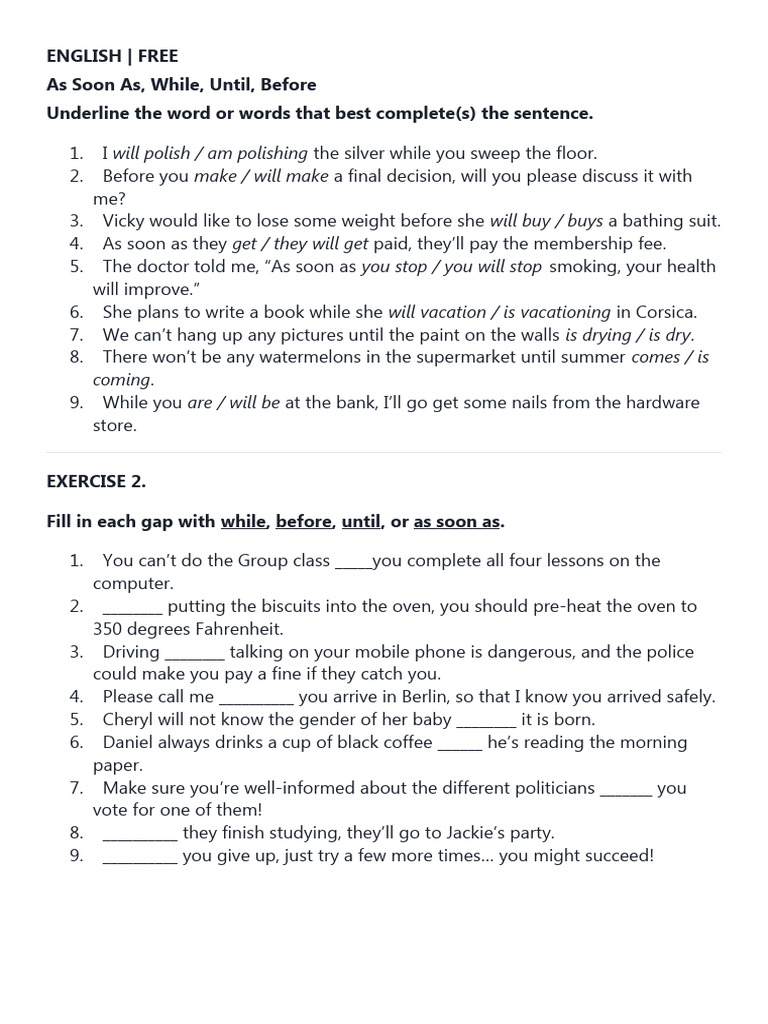 English Grammar: Time Conjunctions Exercise | PDF