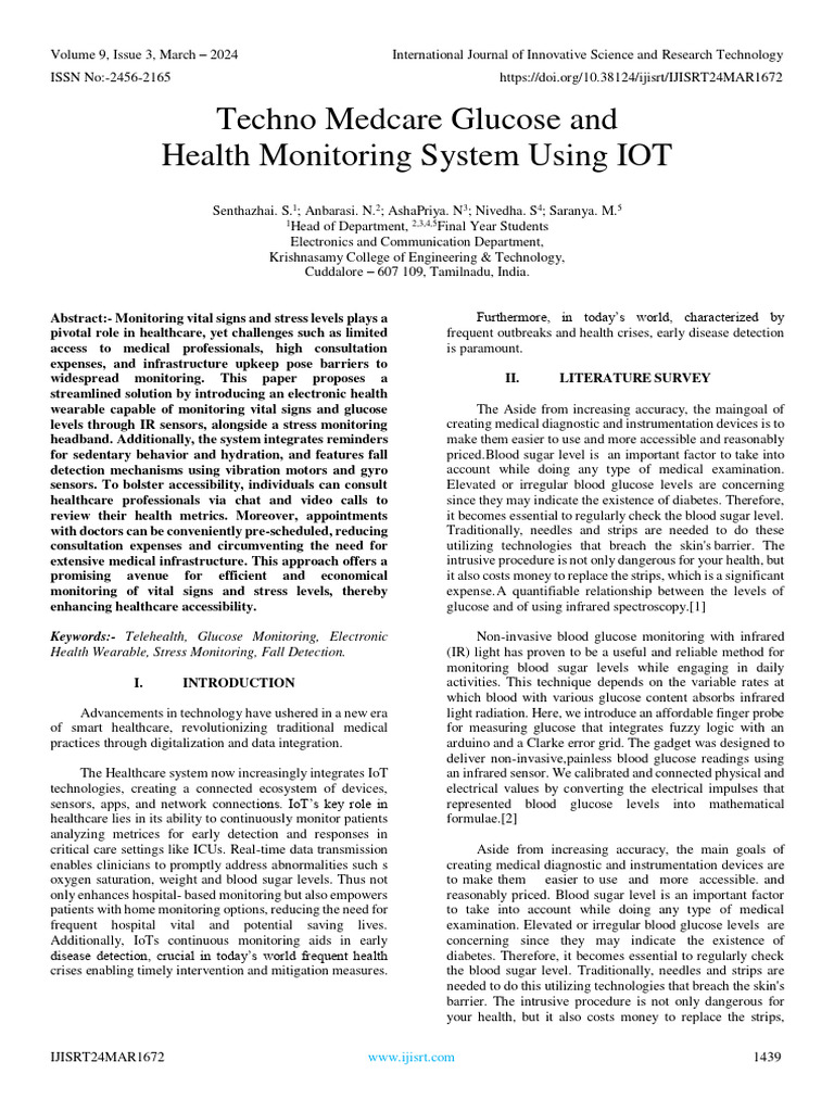 Techno Medcare Glucose And Health Monitoring System Using Iot Pdf Monitoring Medicine