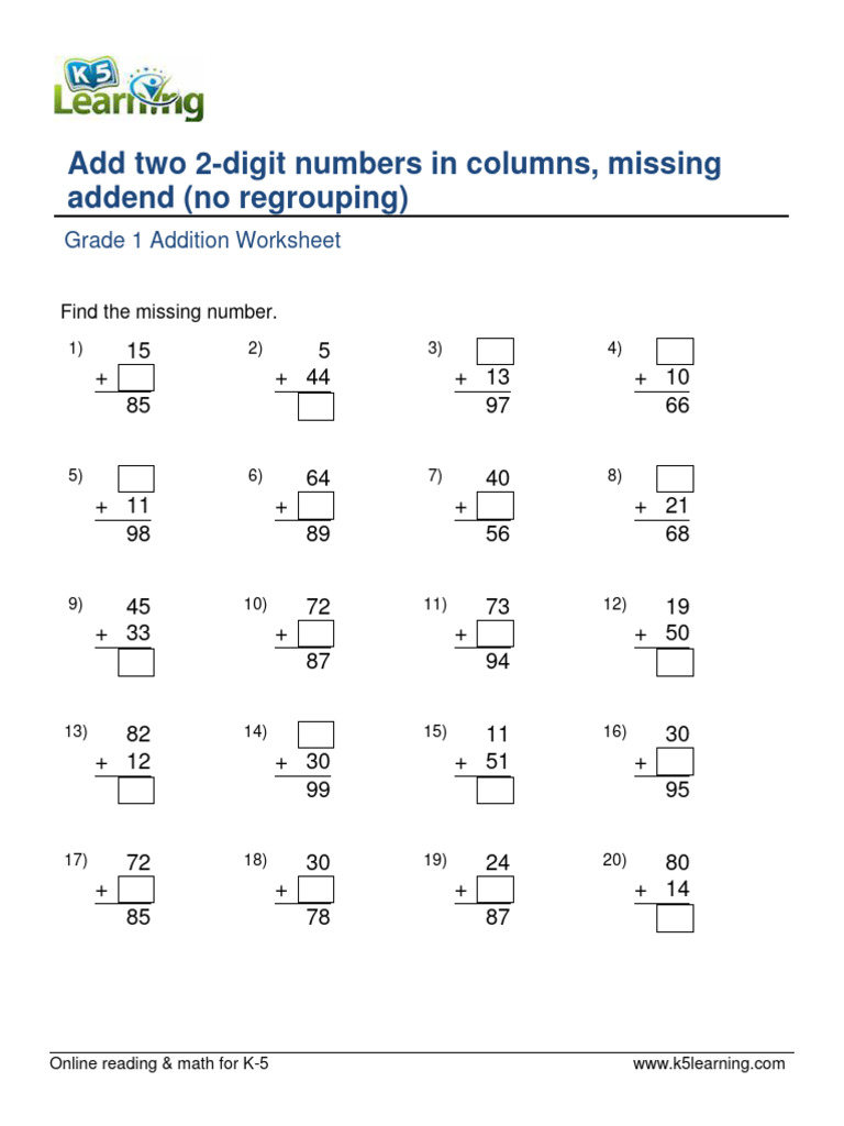 Grade 1 Add 2 2 Digit Numbers Missing Addend No Regrouping A | PDF ...
