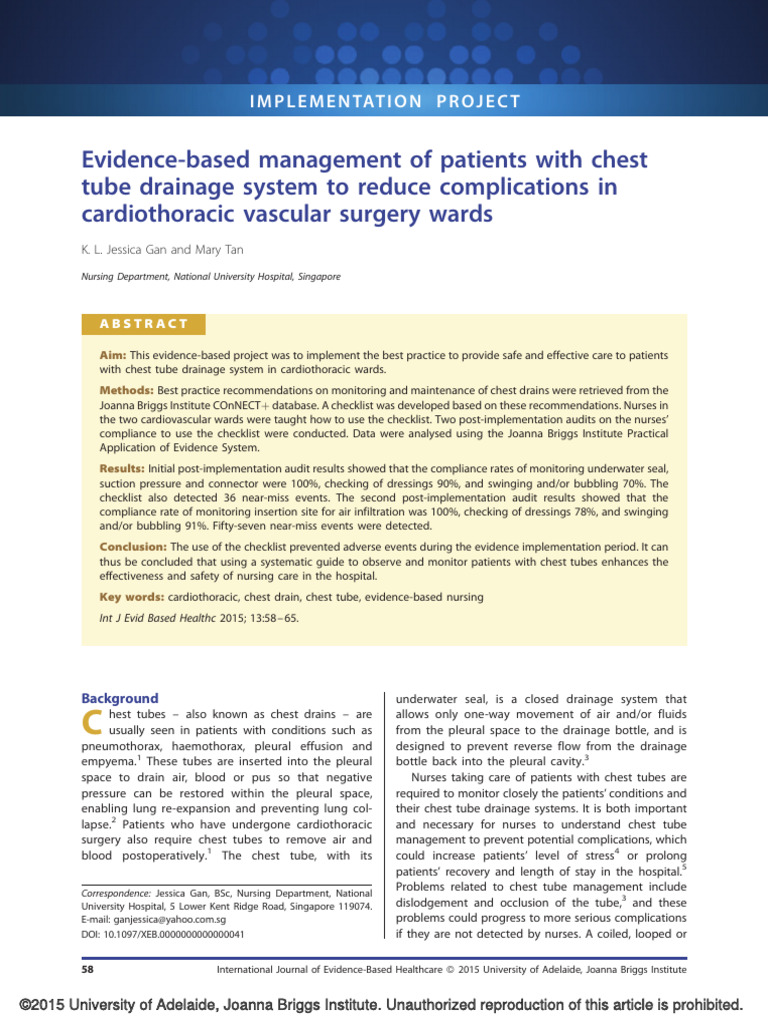 Evidence-Based Management of Patients With Chest Tube Drainage System To Reduce Complications in ...