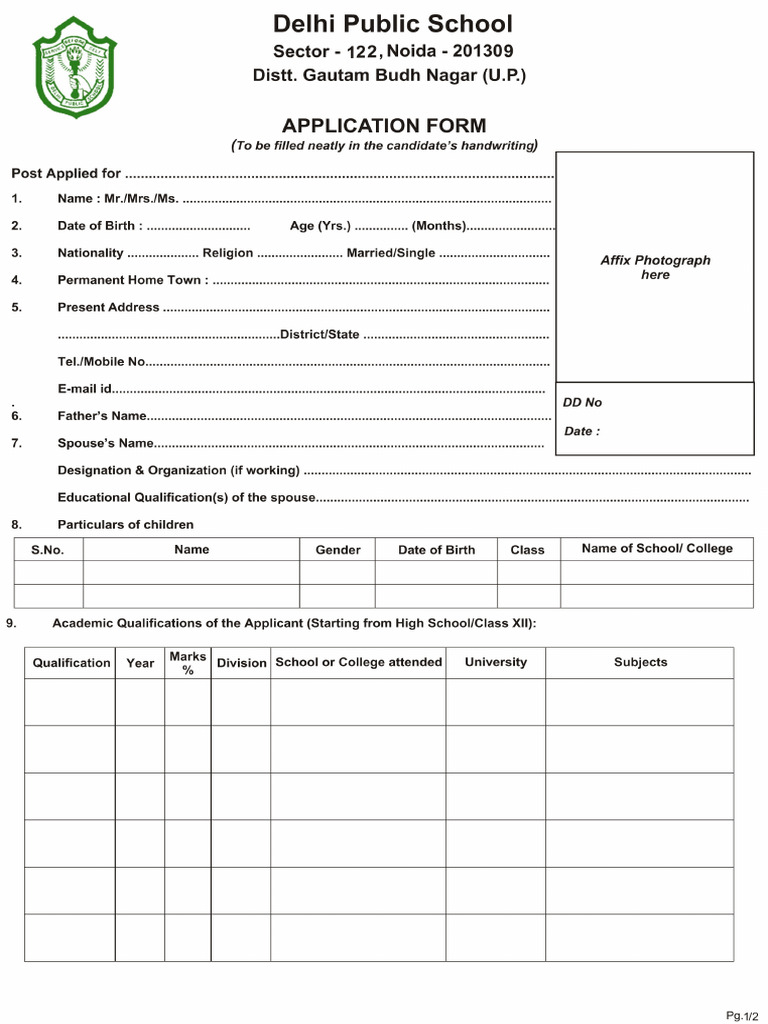 Teachers Application Form DPS Sector122 Noida | PDF