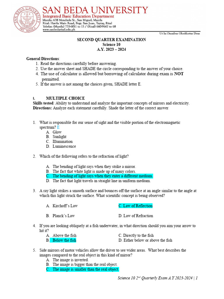 2Q Quarterly Exam Answer Key Science 10 AY 2023-2024 | PDF | Mirror | Optics