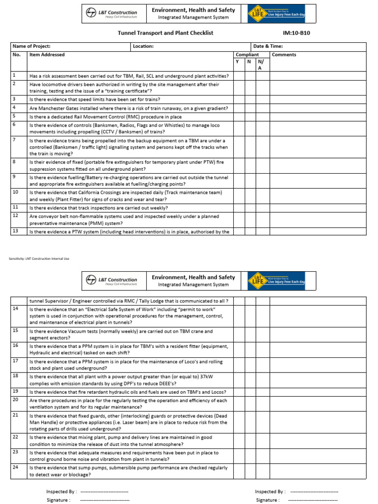 TUNNEL TRANSPORT & PLANT CHECKLIST | PDF | Pump | Tunnel