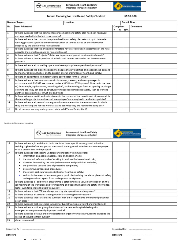 Tunnel Planning For Health and Safety Checklist | PDF | Occupational ...