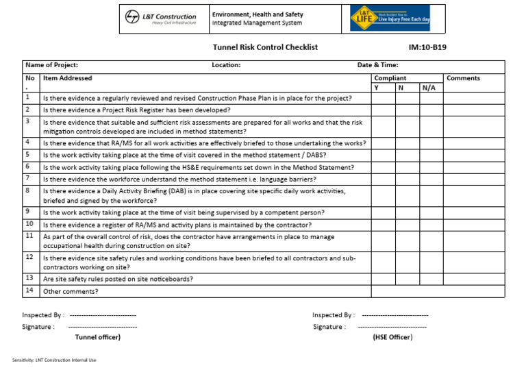 Im-10-B19 Tunnel Risk Control Checklist | PDF | Occupational Safety And ...
