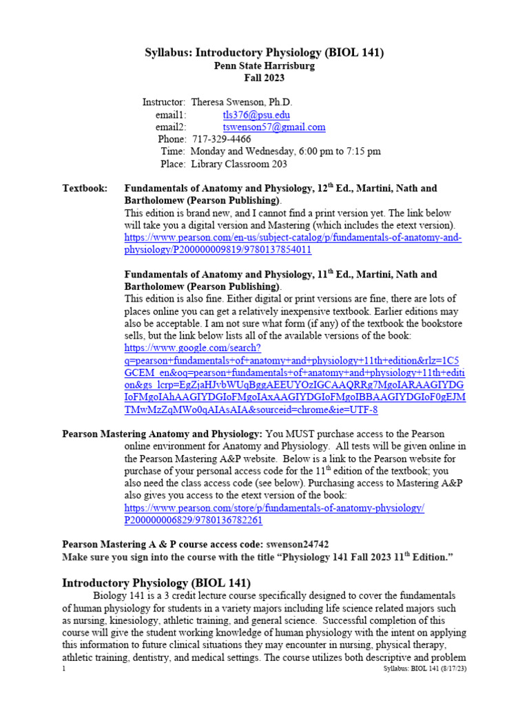 Physiology 141 Syllabus Fall 082323 | PDF | Science