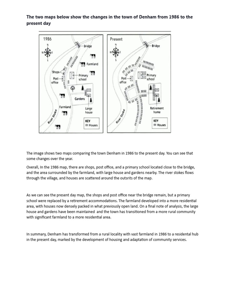 The image shows two maps comparing the town Denham in 1986 to the ...
