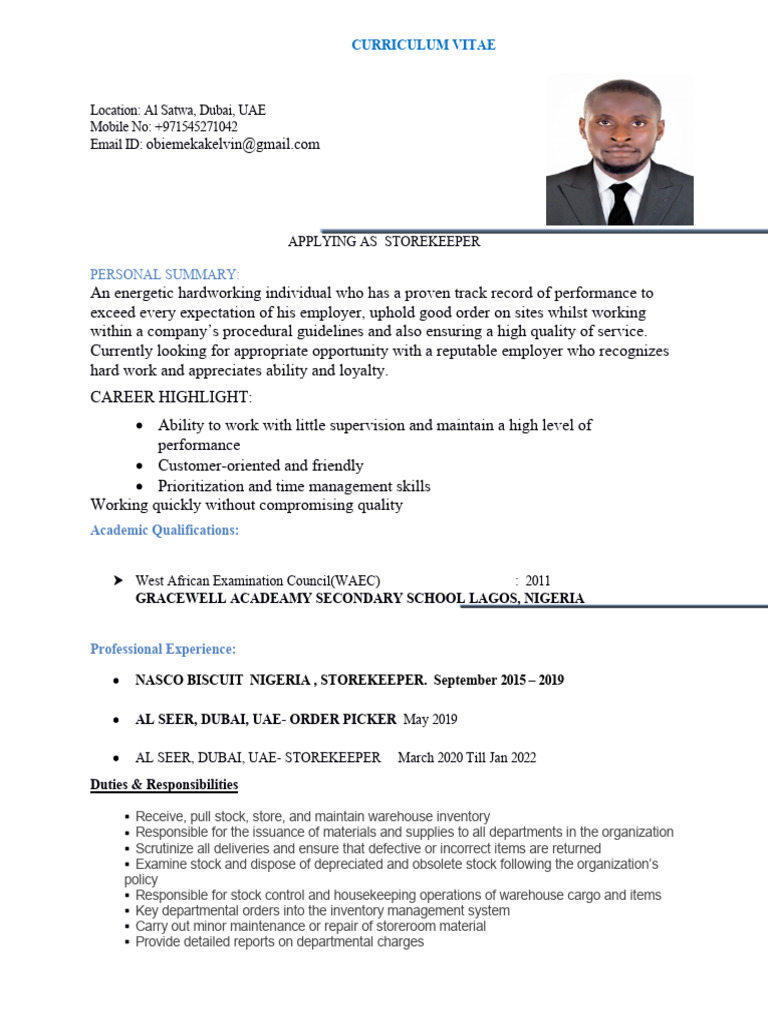 WH STORE KEEPER CV | PDF | Warehouse