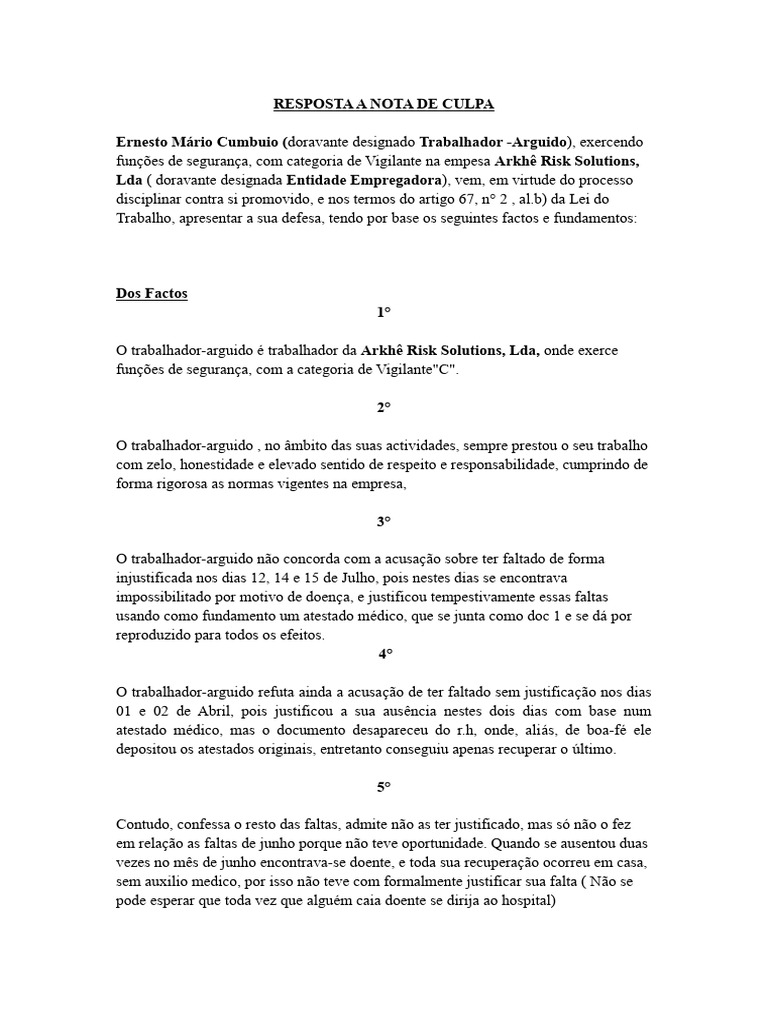 Resposta a Nota de Culpa Ernesto Cumbuio | PDF