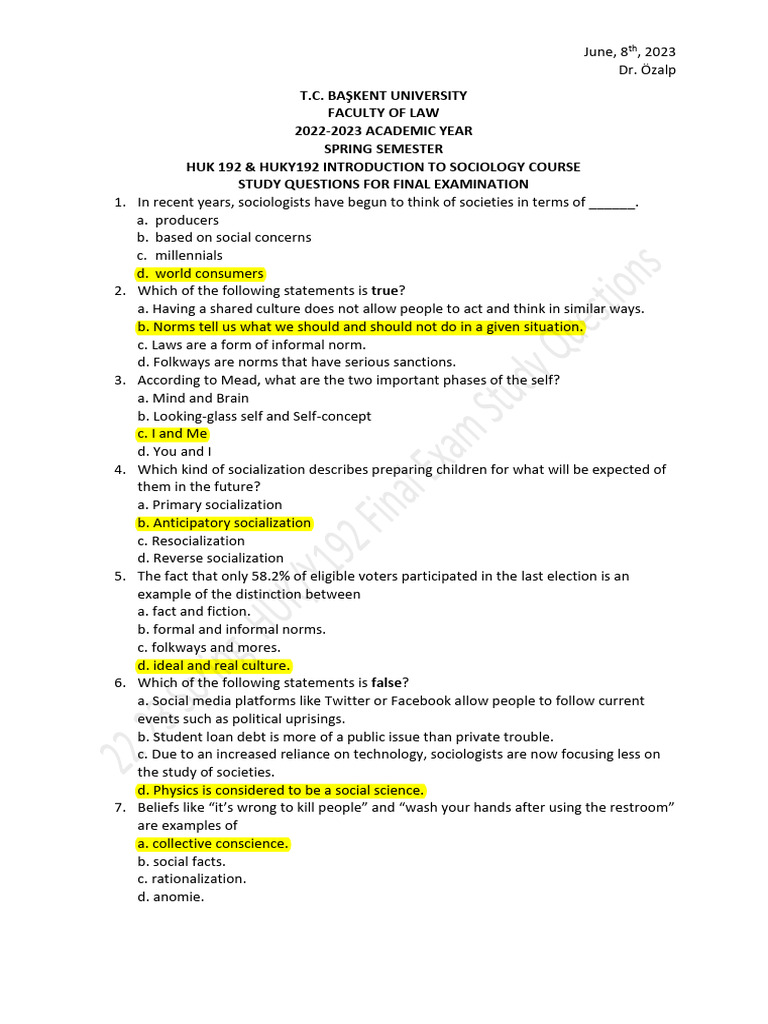 Int. Sosyology Final Ques. | PDF | Sociology | Socialization