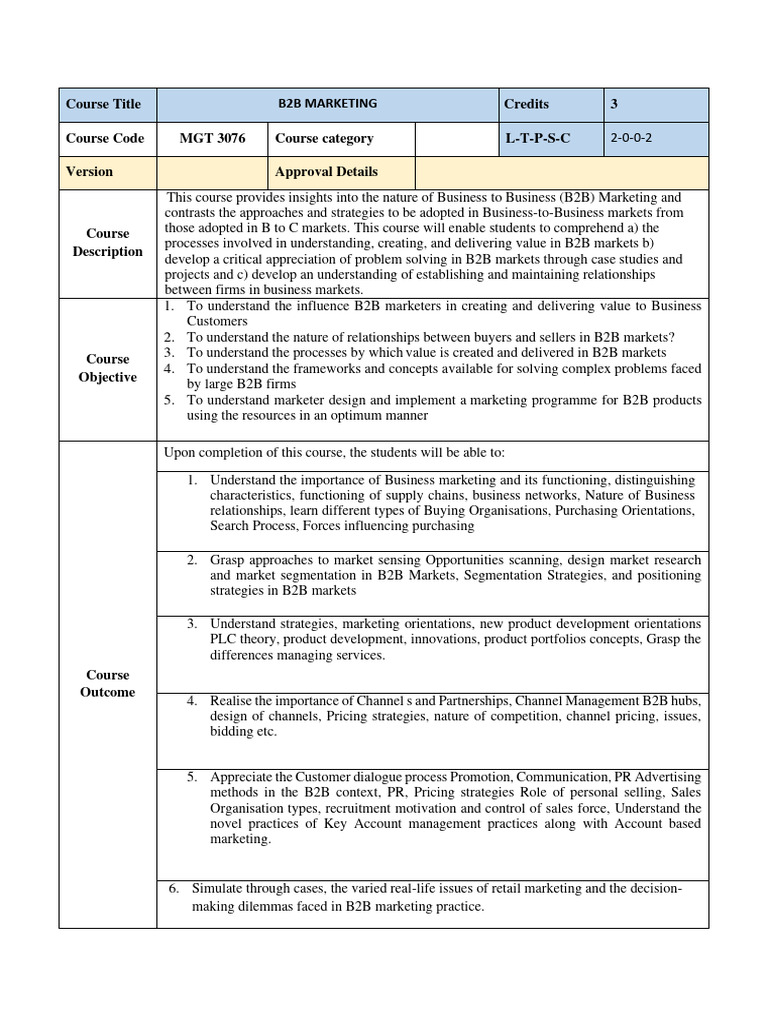 MBA - Sem 4 - B2B Marketing - Course Syllabus | PDF | Marketing ...
