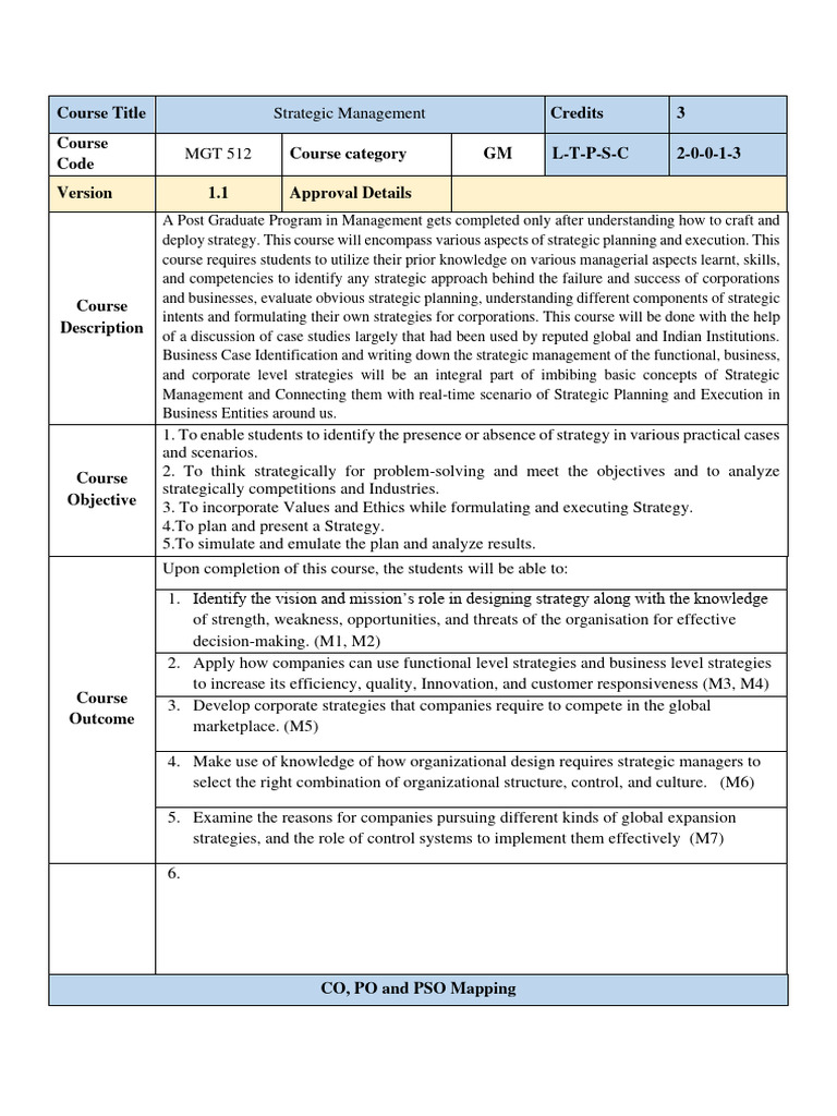 MBA - SEM IV - Strategic Management - Course Syllabus | PDF | Strategic ...