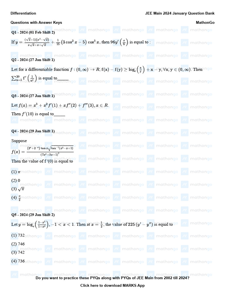 Differentiation - JEE Main 2024 January Question Bank - MathonGo | PDF