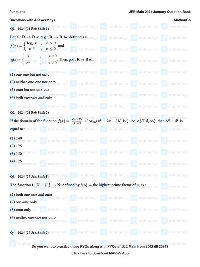 Functions - JEE Main 2024 January Question Bank - MathonGo | PDF