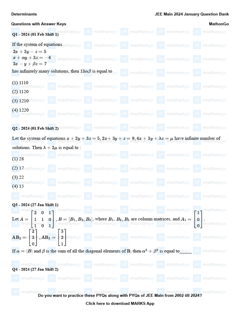 Determinants - JEE Main 2024 January Question Bank - MathonGo | PDF | Linear Algebra ...