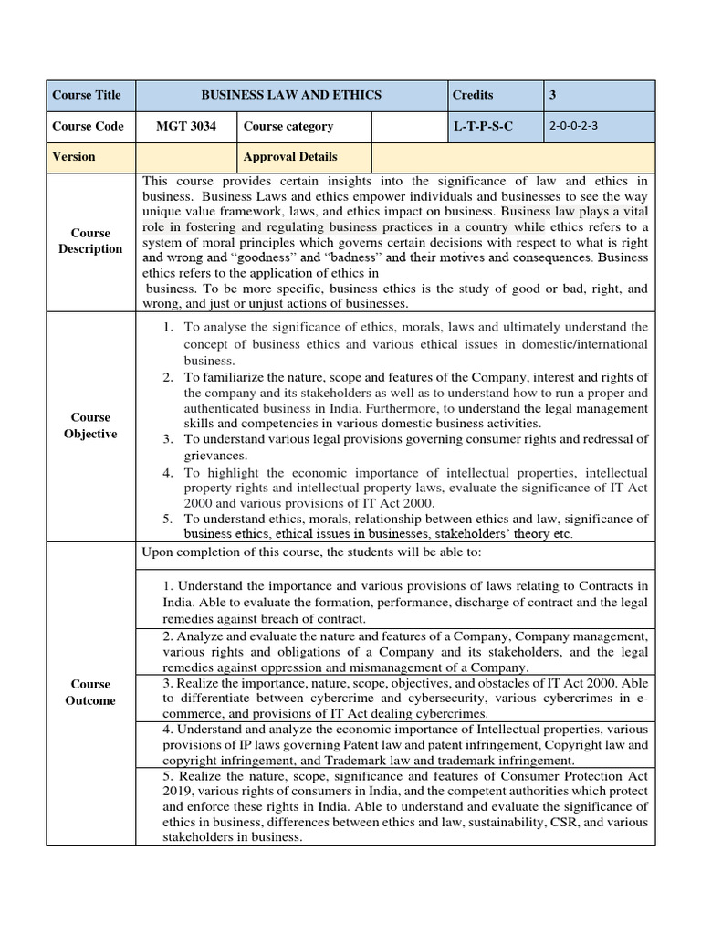 MBA - Sem4 - Business Law & Ethics - Course Syllabus | PDF | Business Ethics | Intellectual Property