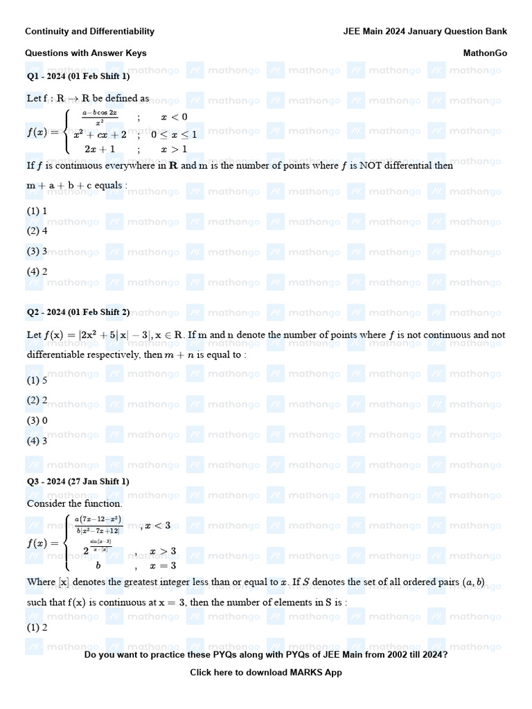 Continuity and Differentiability - JEE Main 2024 January Question Bank - MathonGo | PDF ...