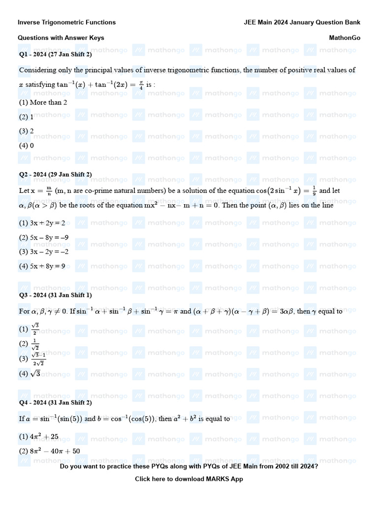 Inverse Trigonometric Functions - JEE Main 2024 January Question Bank - MathonGo | Download Free ...