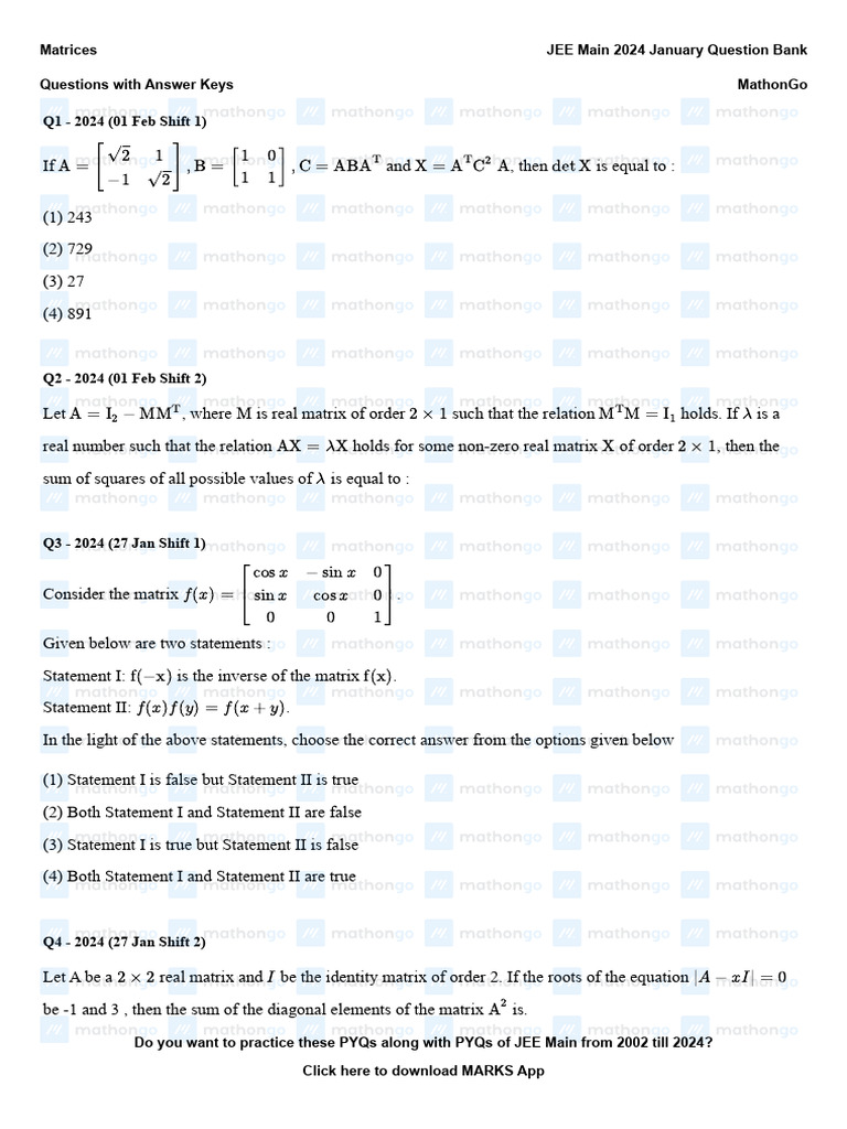 Matrices - JEE Main 2024 January Question Bank - MathonGo | PDF | Matrix (Mathematics ...