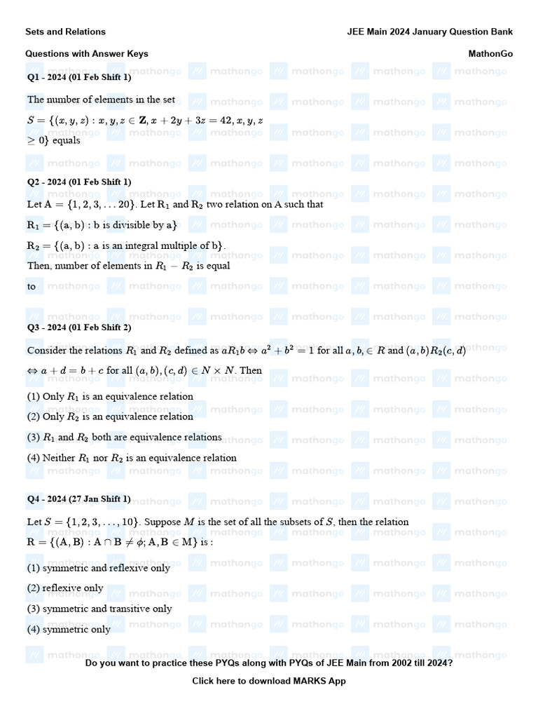 Sets and Relations - JEE Main 2024 January Question Bank - MathonGo | PDF | Mathematical ...