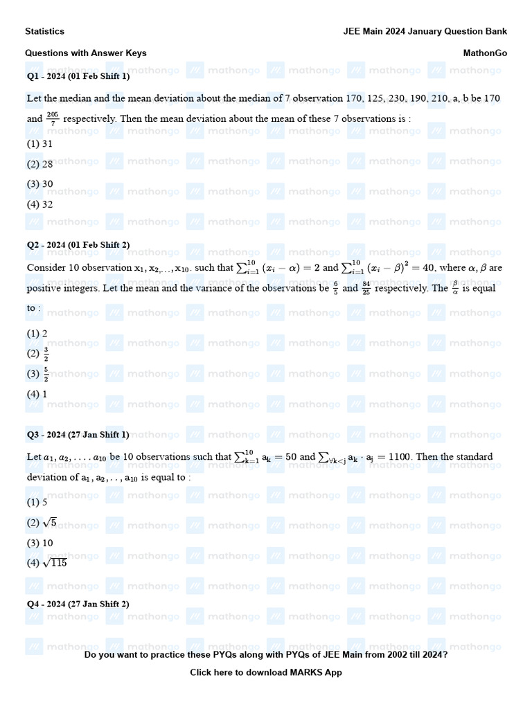 Statistics - JEE Main 2024 January Question Bank - MathonGo | PDF ...