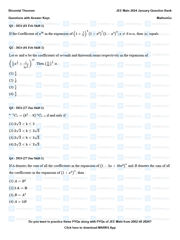 Binomial Theorem - JEE Main 2024 January Question Bank - MathonGo | PDF ...