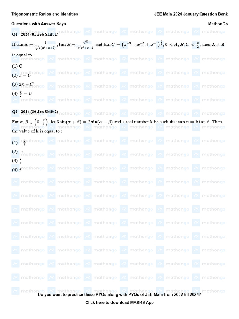 Trigonometric Ratios & Identities - JEE Main 2024 January Question Bank ...