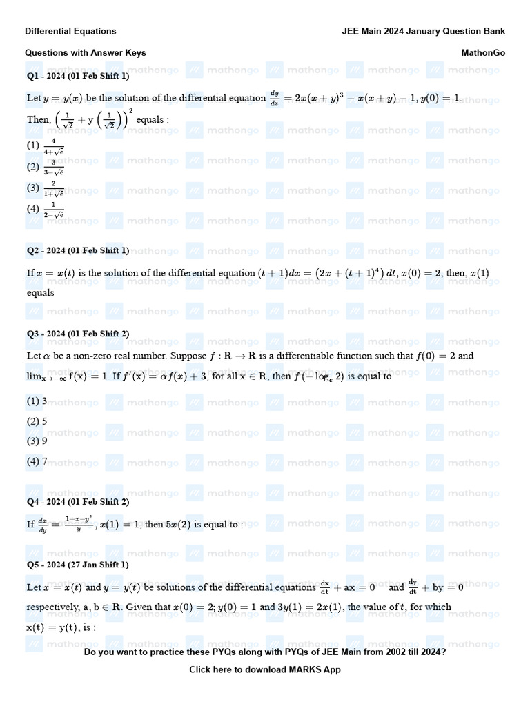JEE Main 2024 Differential Equations PYQs | PDF | Equations | Mathematics