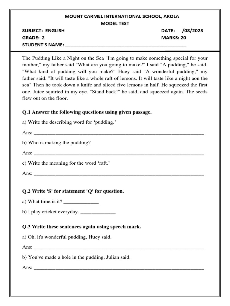 Grade 2 English Model Test | PDF | Linguistics