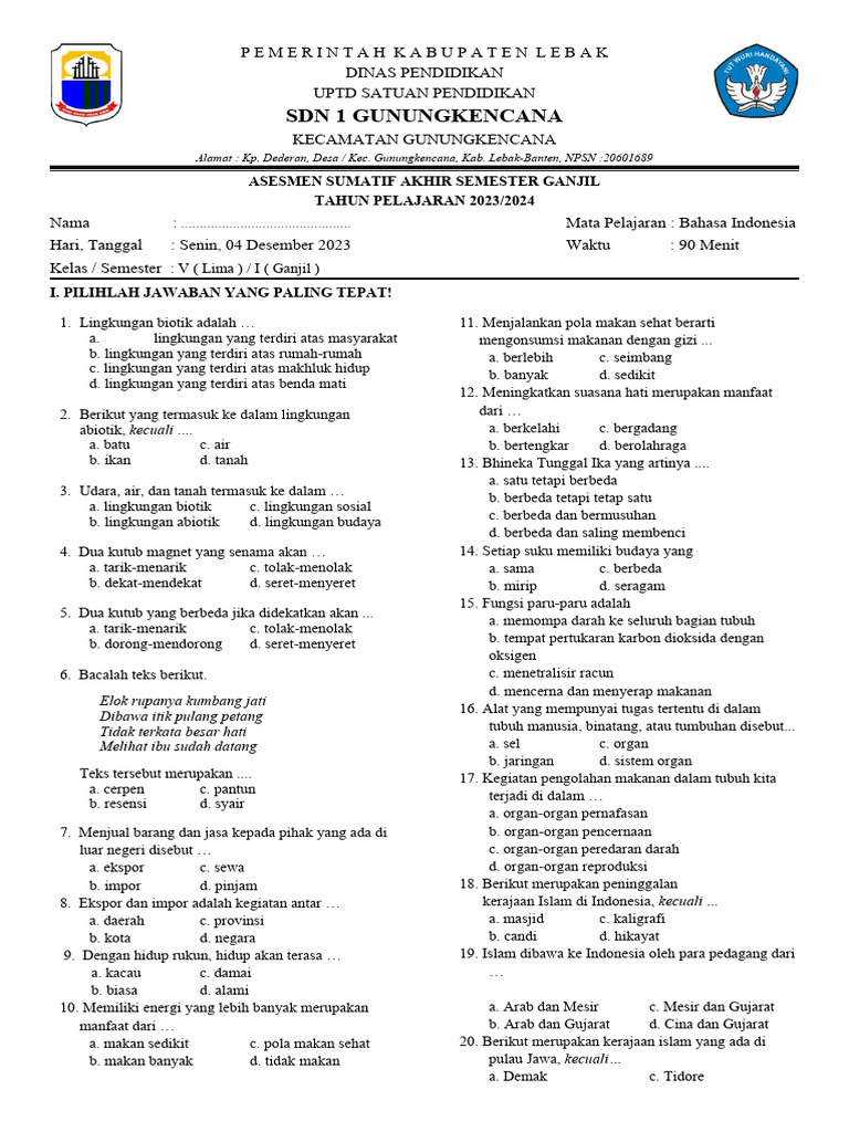 SOAL PAS GANJIL KELAS 5 Indonesia | PDF