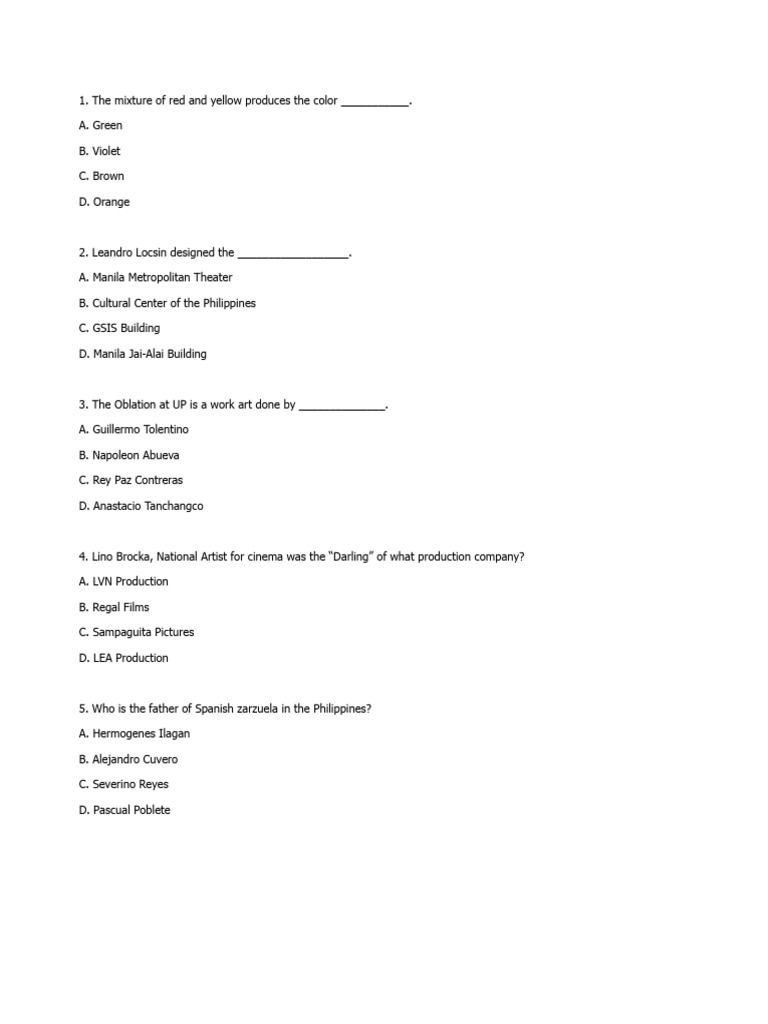 Art and Color Quiz with Answers | PDF | Philippines