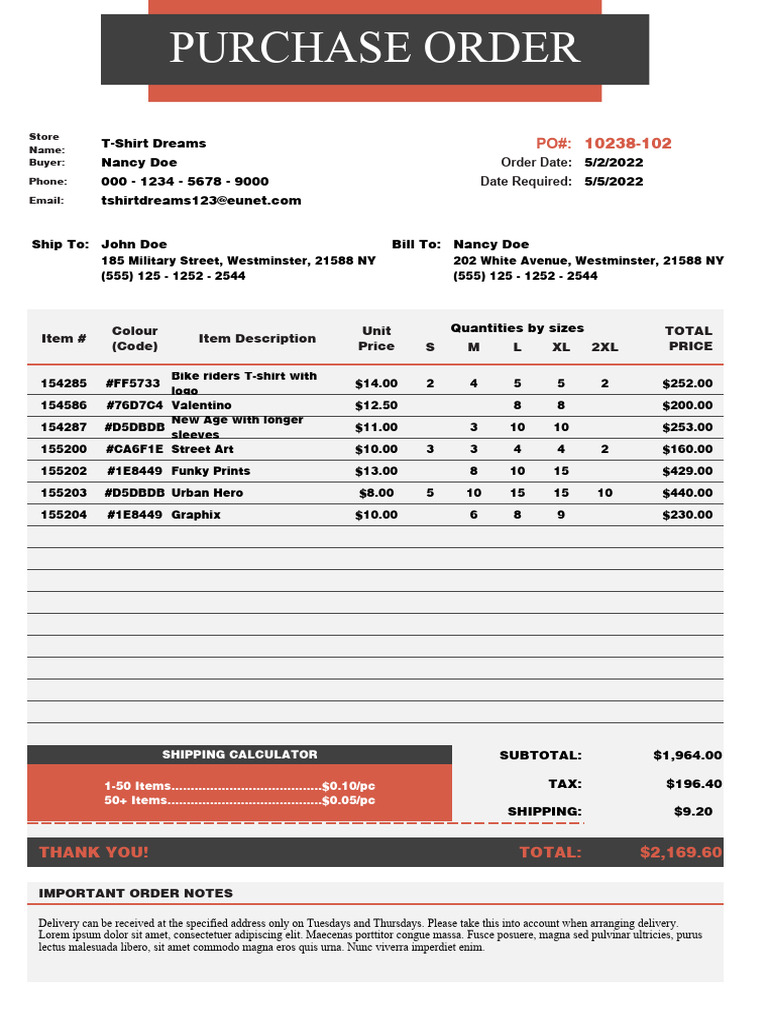 T Shirt Purchase Order Template | Download Free PDF | Clothing