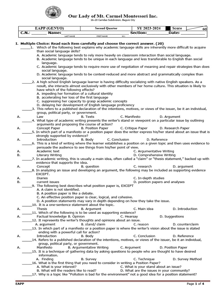 EAPP Second Quarter Exam (REVISED) 2324 | PDF | Argument | Evidence