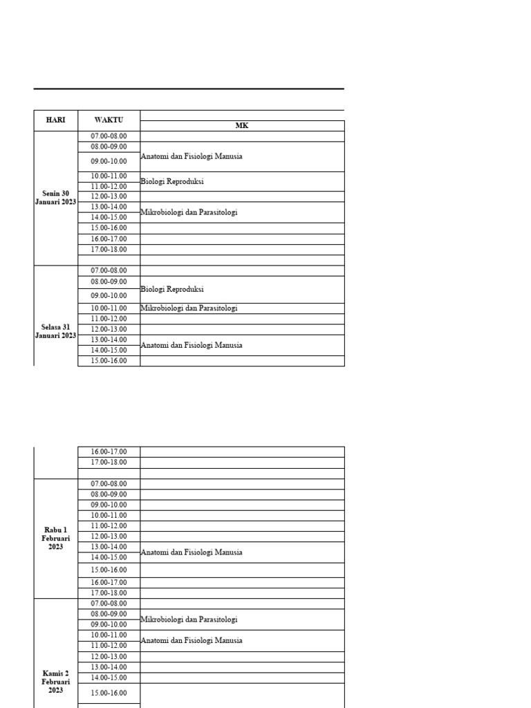 Jadwal Kuliah Luring & Daring Semester 1 Transfer Prodi Kebidanan (S-1) | PDF